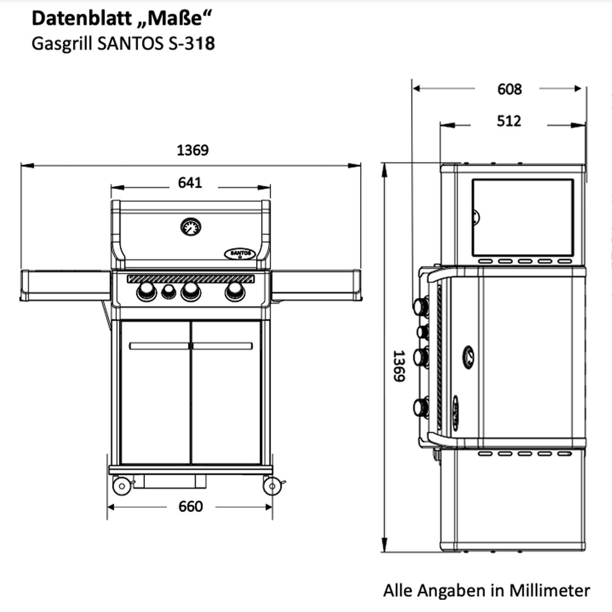 Santos Gasgrill S 318 Edelstahl 3 Hauptbrenner 800 °c Grillzone